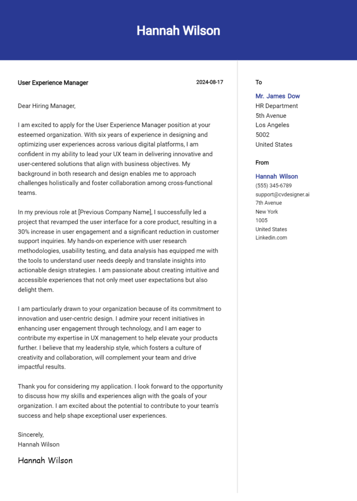 User Experience Manager Cover Letter Example for 2024 (Download ...
