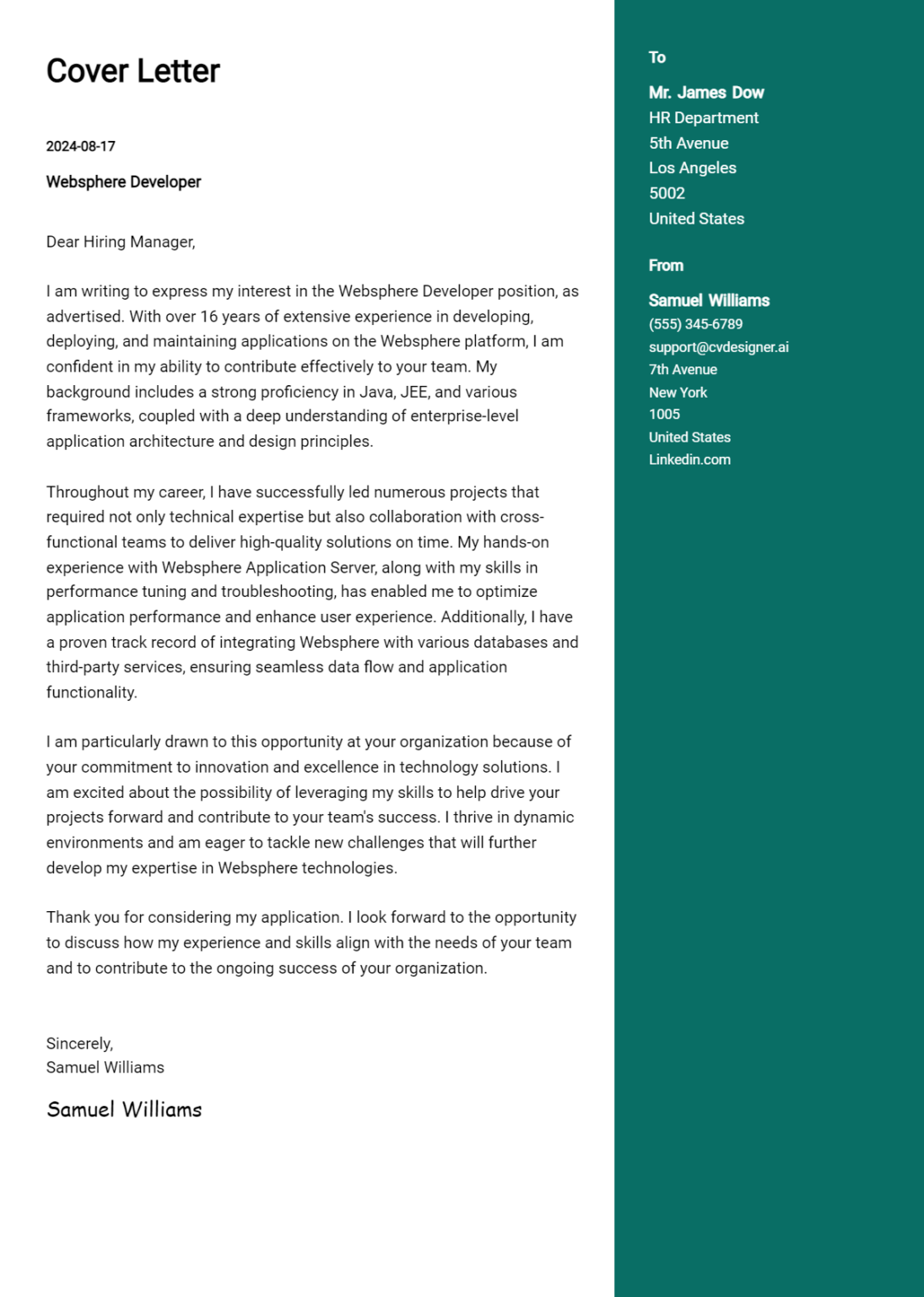 Websphere Developer Cover Letter Example for 2024 (Complete Writing ...